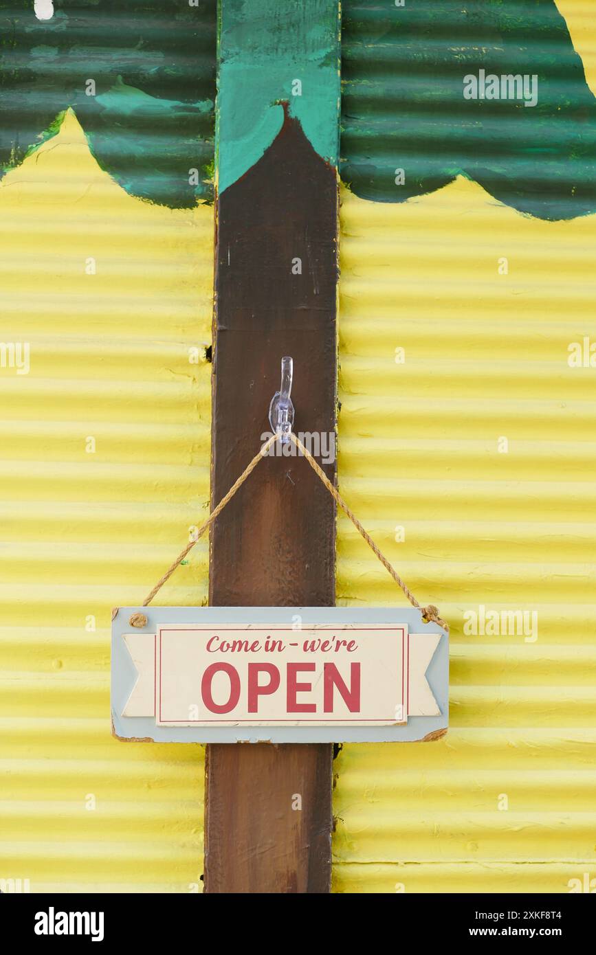 open text on paper hanging on cafe door Stock Photo - Alamy