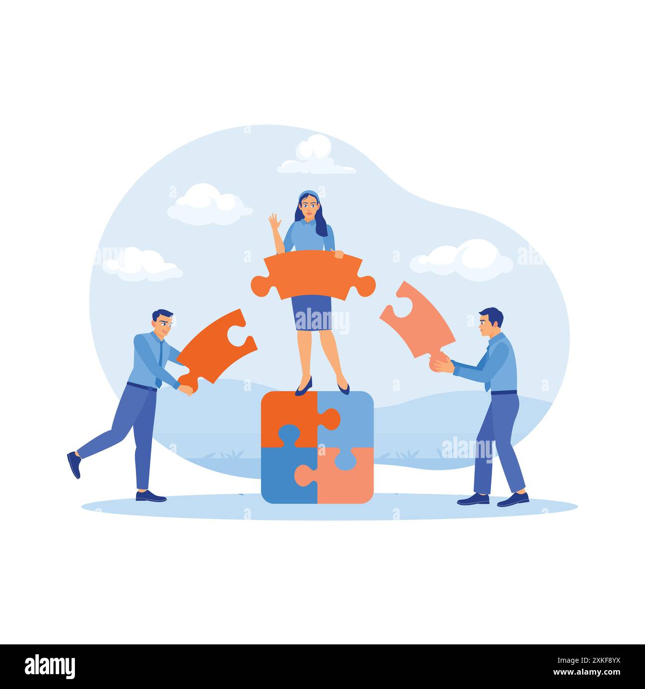 Three employees connect a puzzle, symbolizing work statistics. The ...