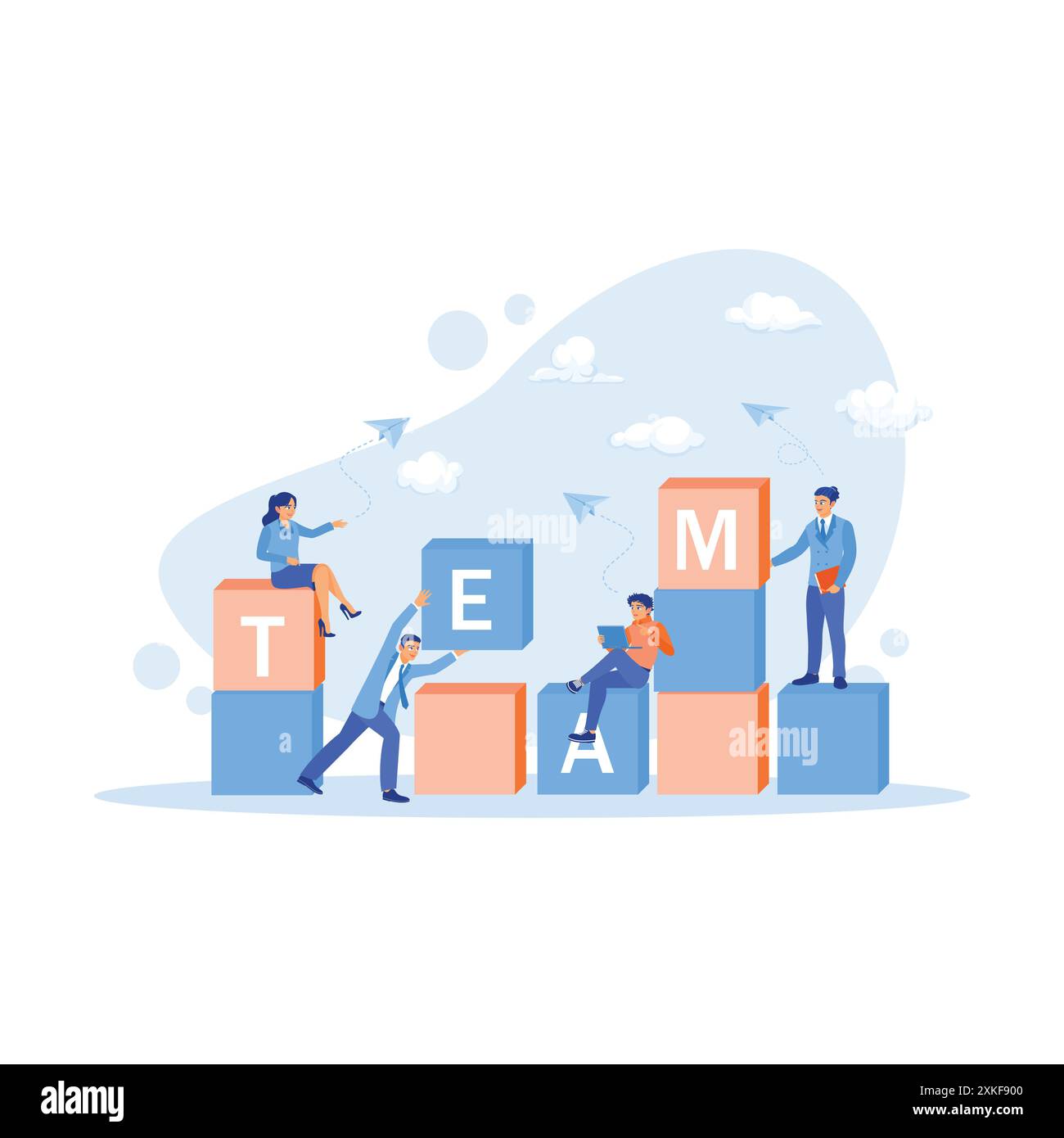 Diverse office employees arrange blocks of letters to form the word ...