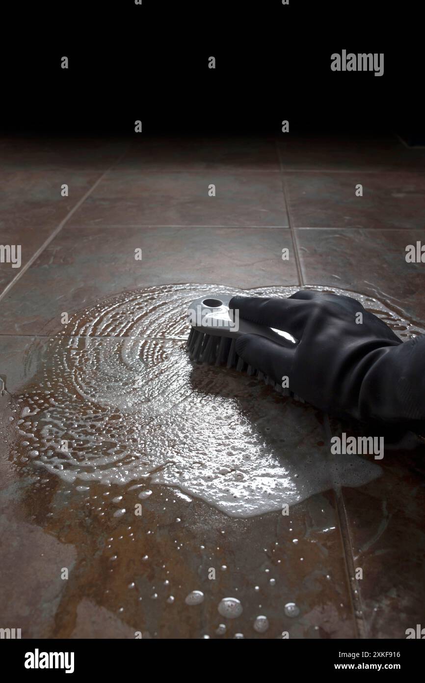 Person scrubbing kitchen floor tiles with a scrubbing brush and soapy ...