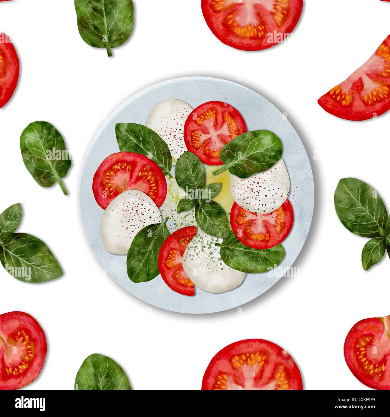 Top-down view of fresh Caprese salad featuring mozzarella, tomato, and ...