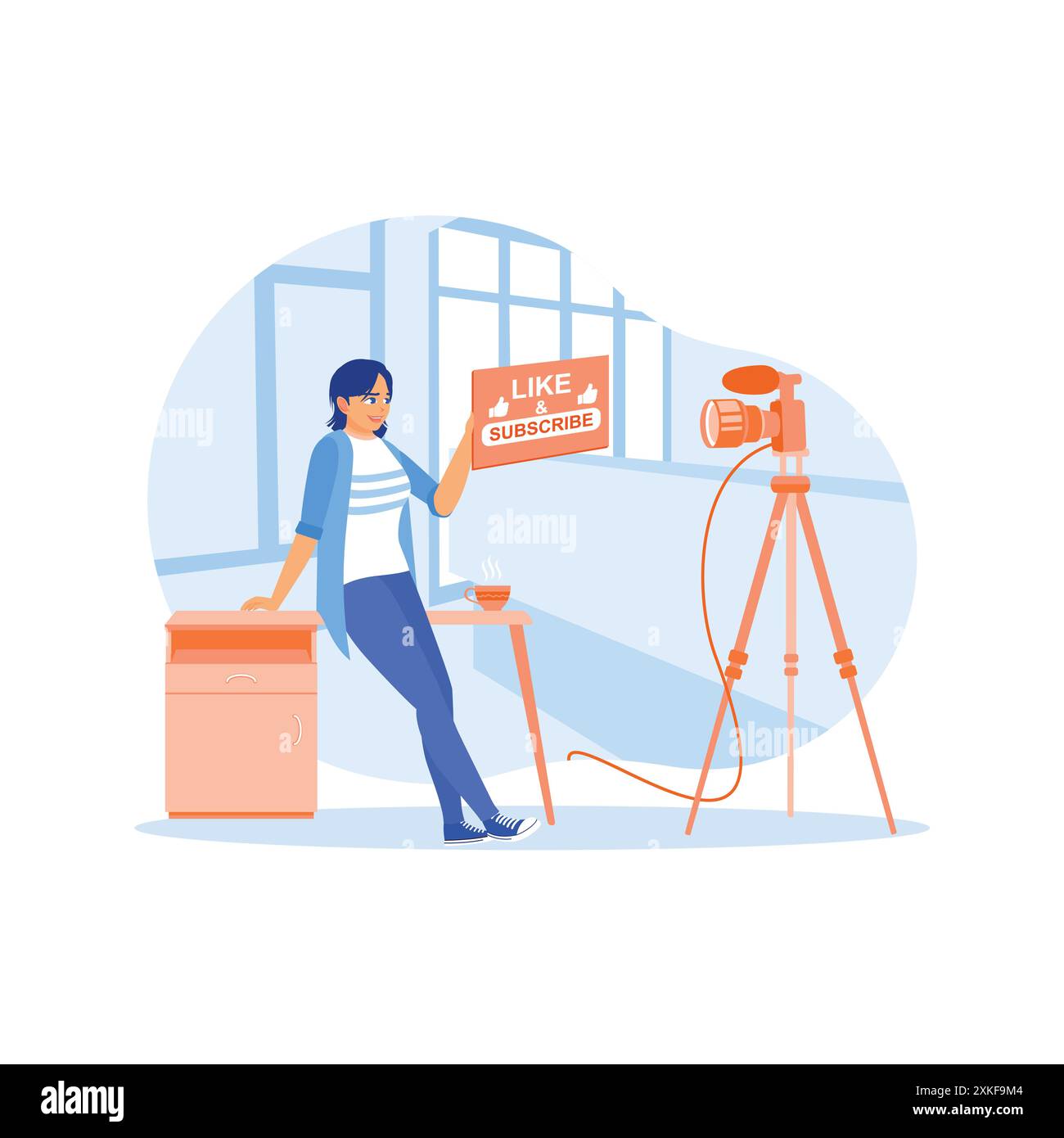 Beautiful female vlogger recording video using professional camera ...