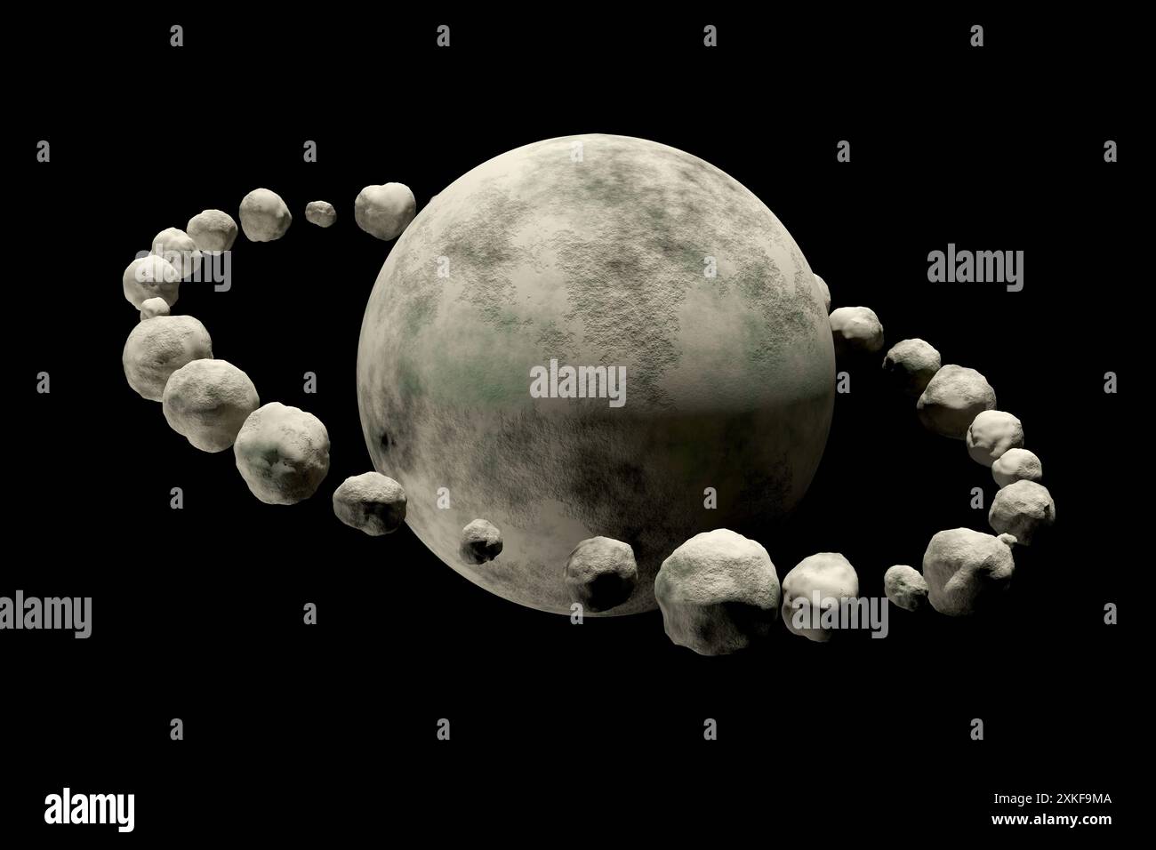 3d render abstract stone planet with glowing circle and satellite in ...