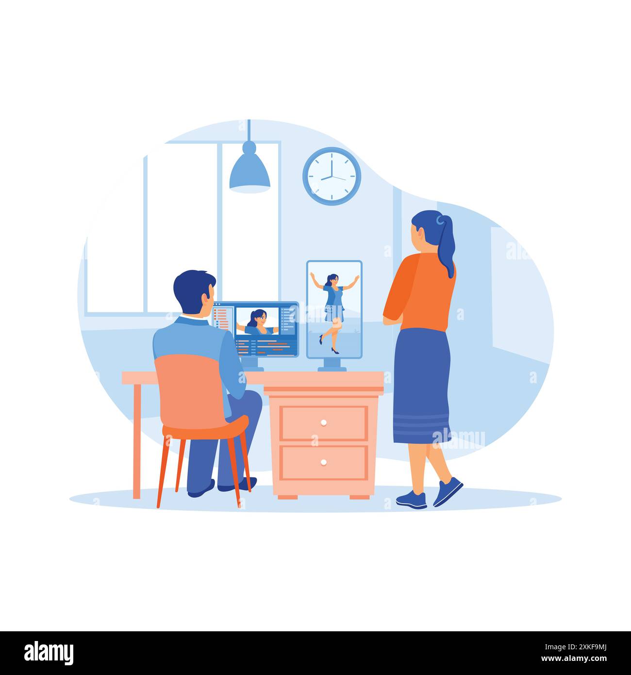 Beautiful female art director consulting with male video editor ...