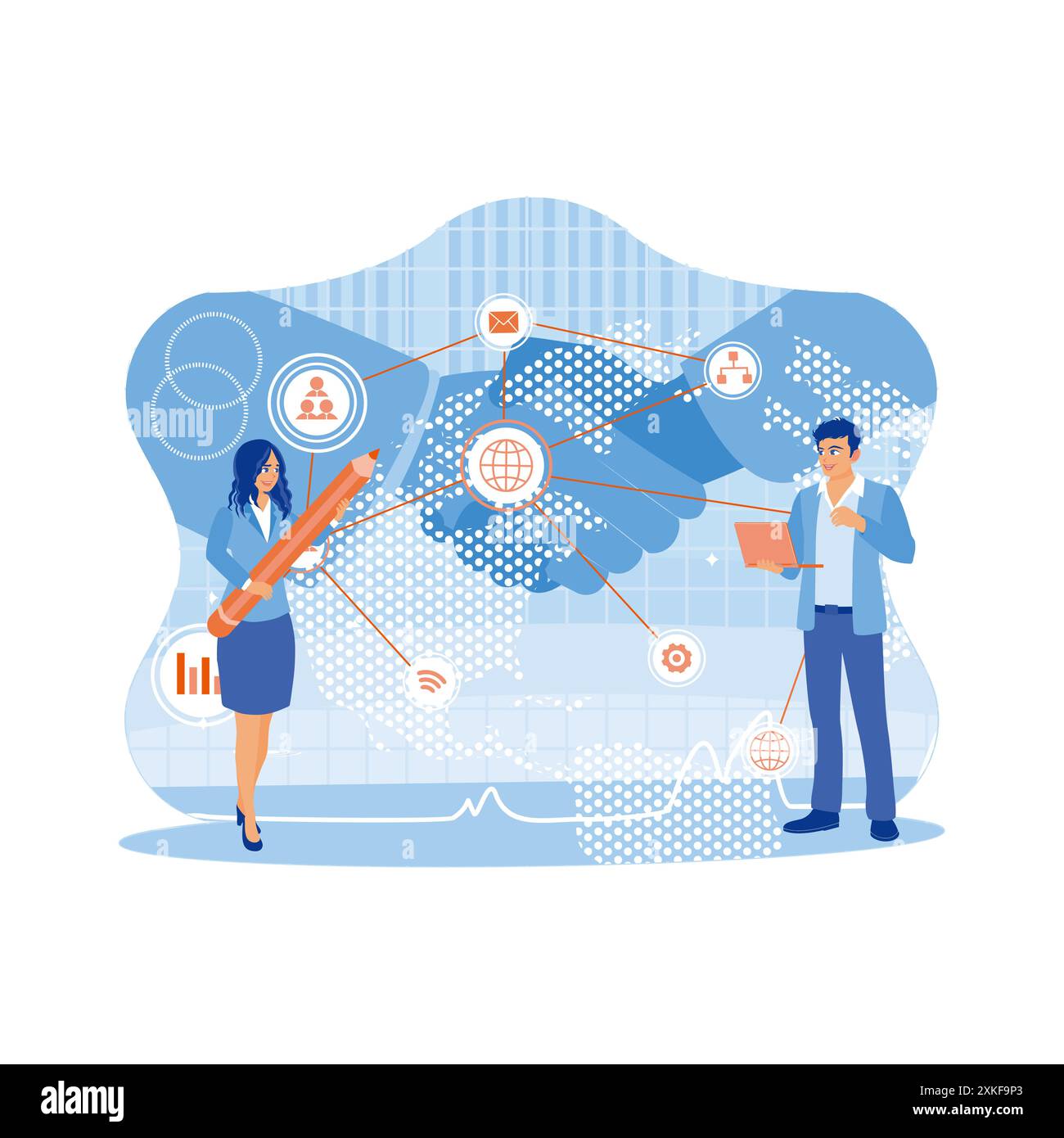 Diverse business people using digital technology with global network ...