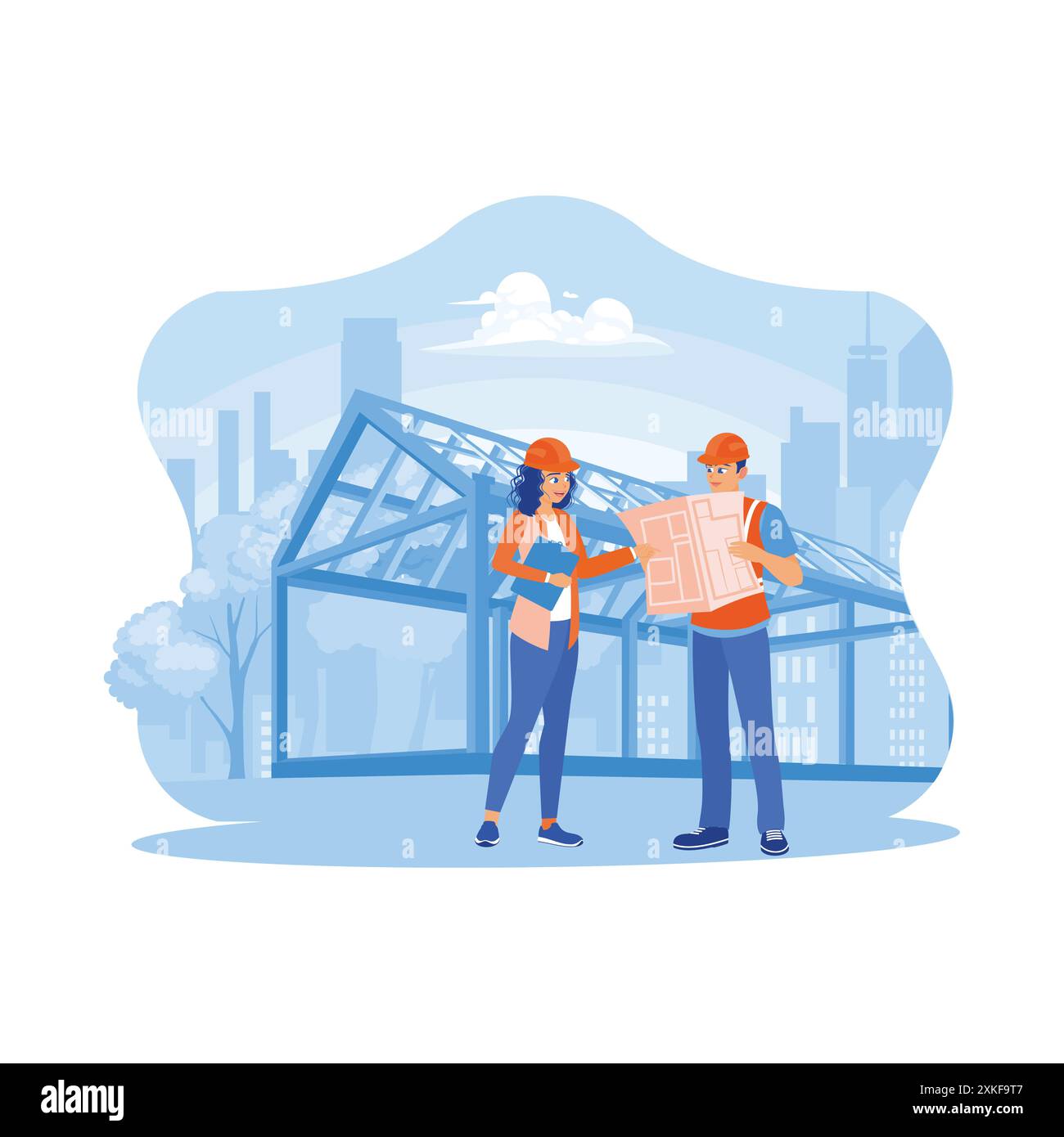 The construction team and engineering manager are at the construction site. They are checking ...