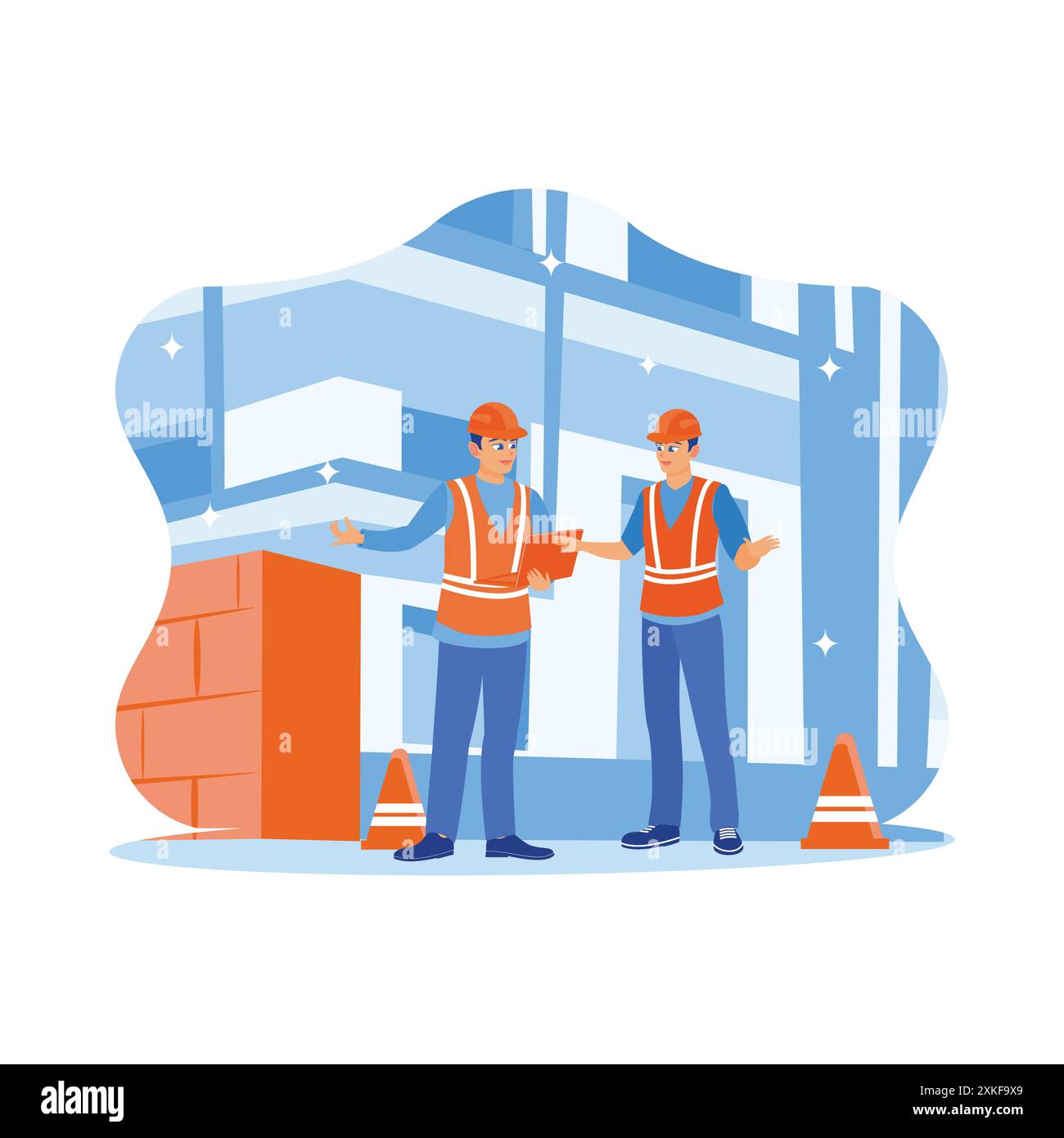Two structural engineers inspect a commercial building construction site. Industrial building ...