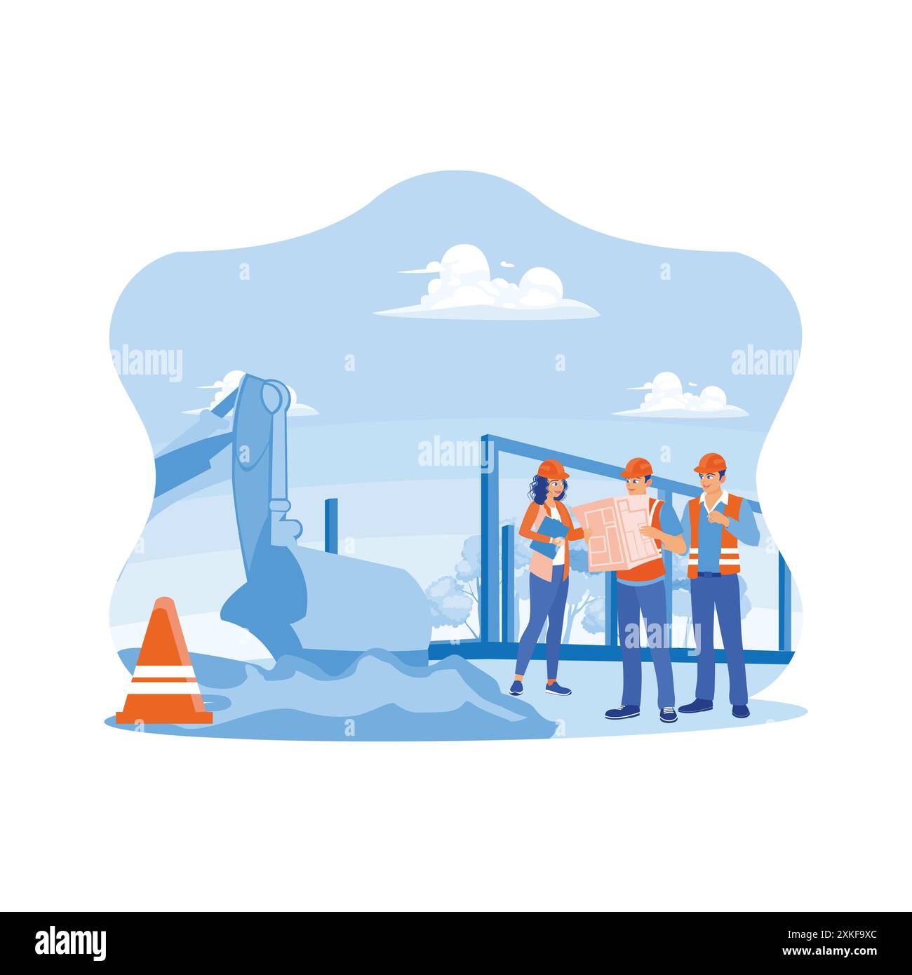 Three experts at the construction project site. They discuss and plan ...