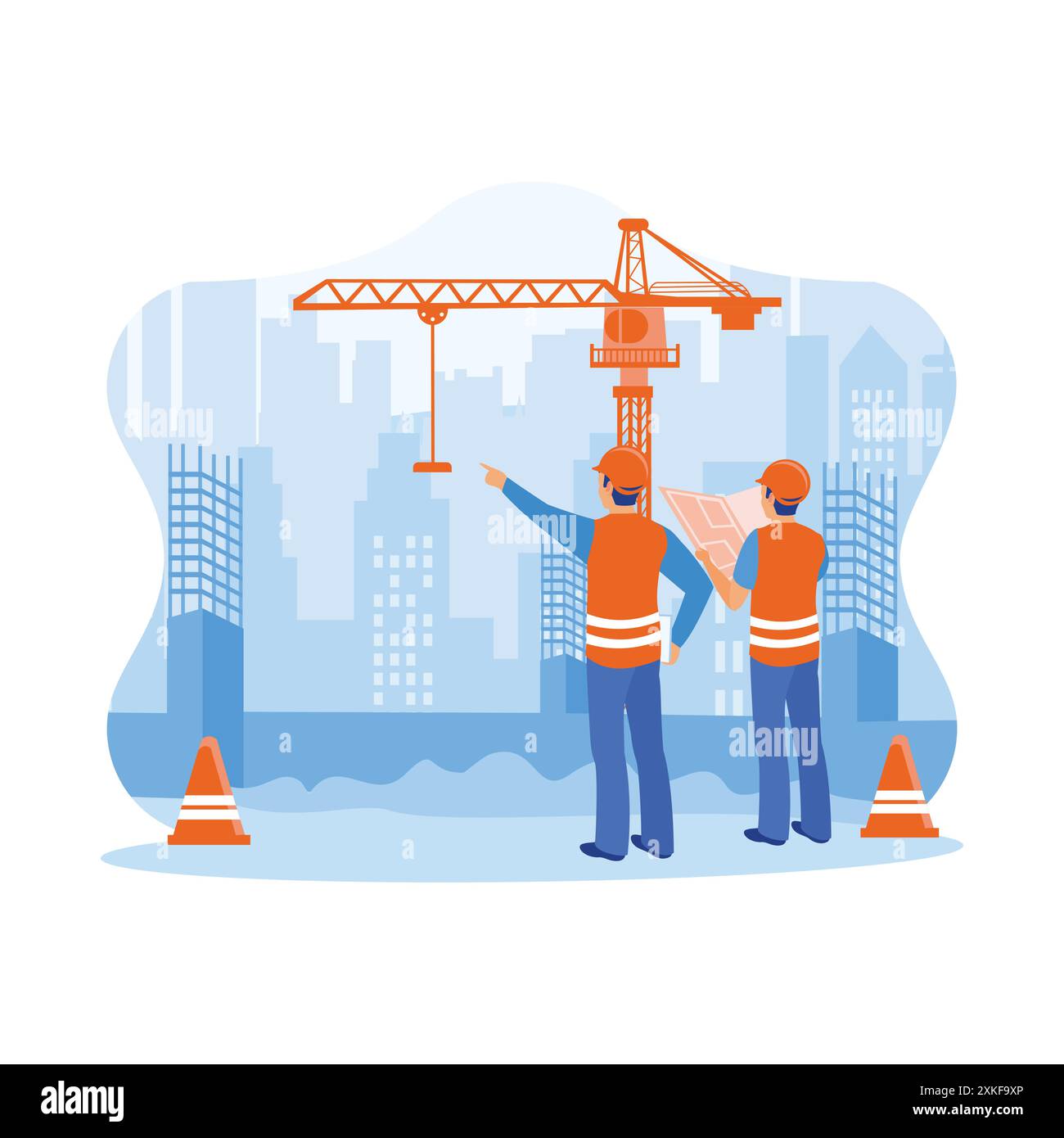 Civil engineer standing on a construction site near a crane. Holding ...