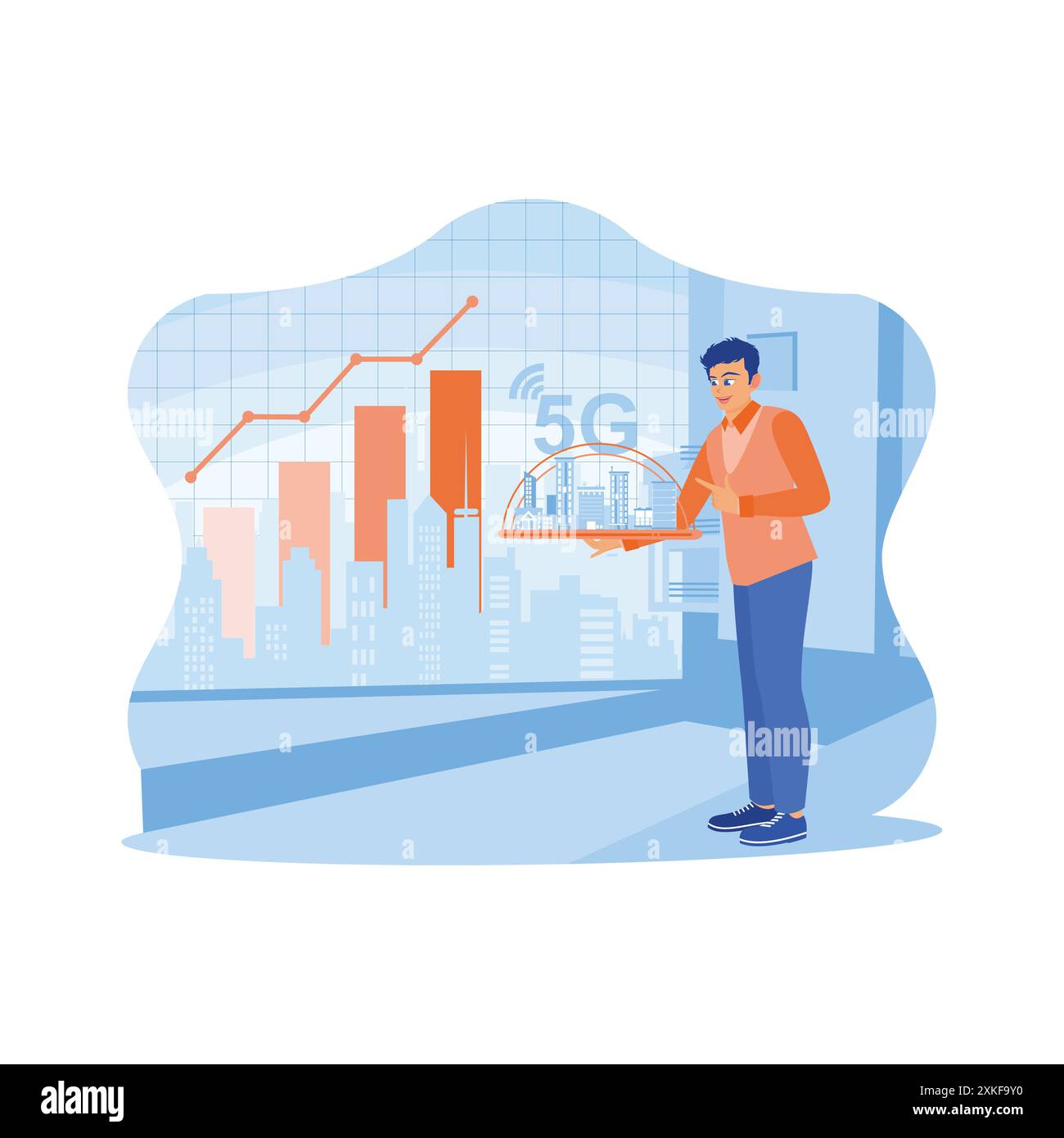 A man holding a miniature smart city is standing inside the office. The ...