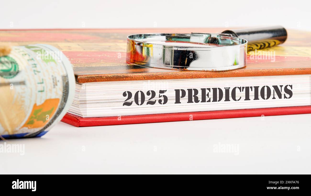Text 2025 predictions on the end of the book on a white background and ...