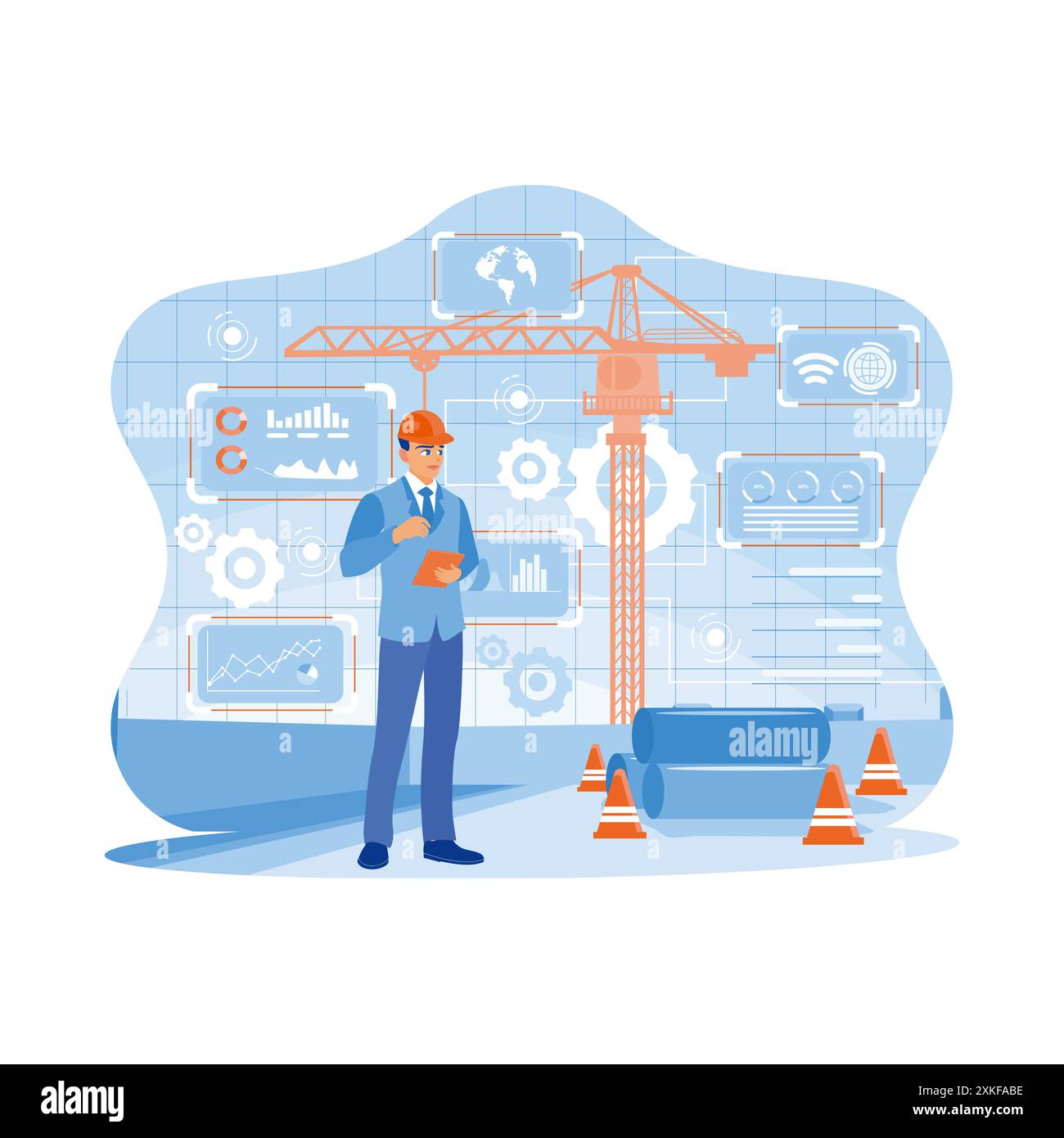 Construction engineer using a digital tablet and global network ...