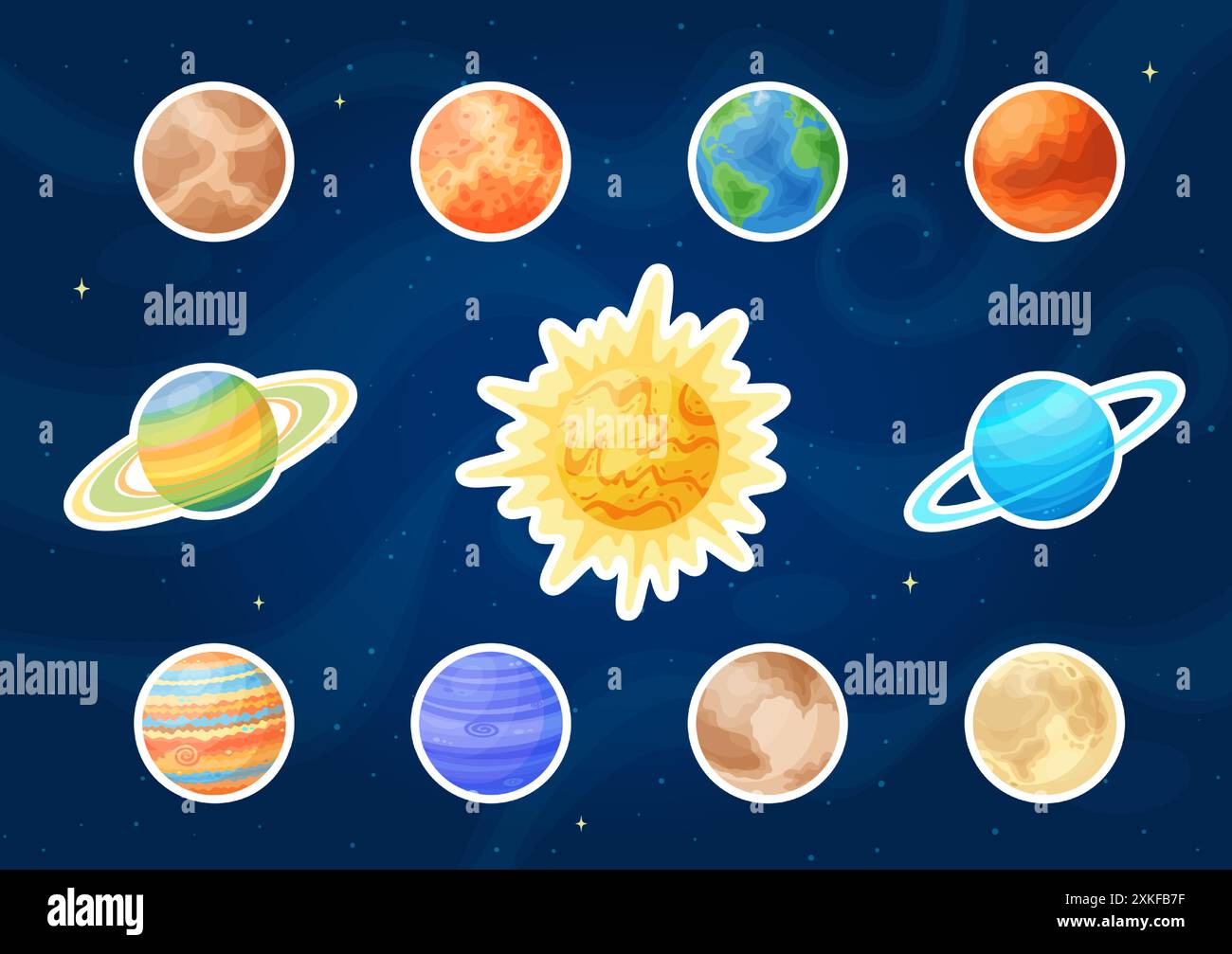 Cartoon sun and solar system planets concept art stickers set, comic ...