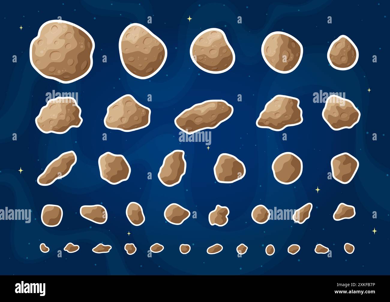 Flat space meteorite stickers vector graphic set. Collection of patches ...