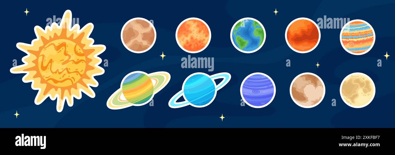 Flat solar system planet art sticker set, comic space sphere vector ...