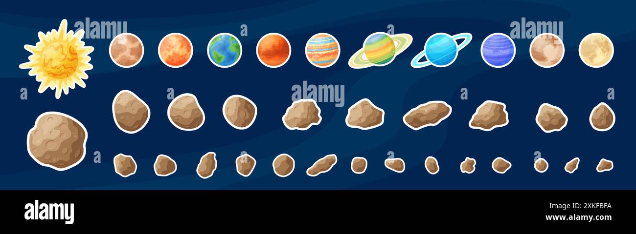 Cartoon space planets and asteroids sticker set, flat astronomical ...