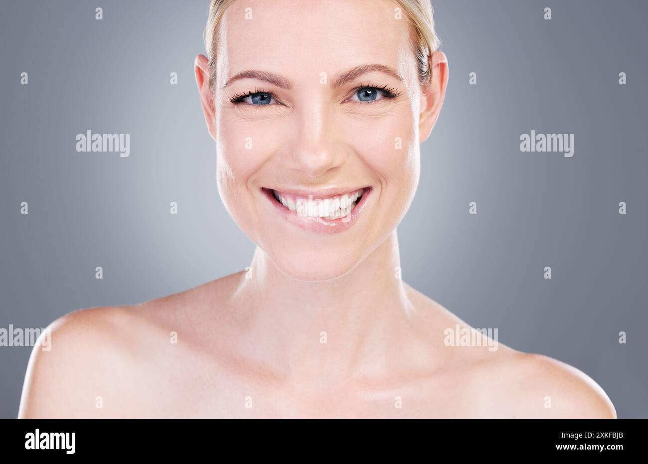 Woman, skincare portrait and biting lip with beauty, natural makeup and ...