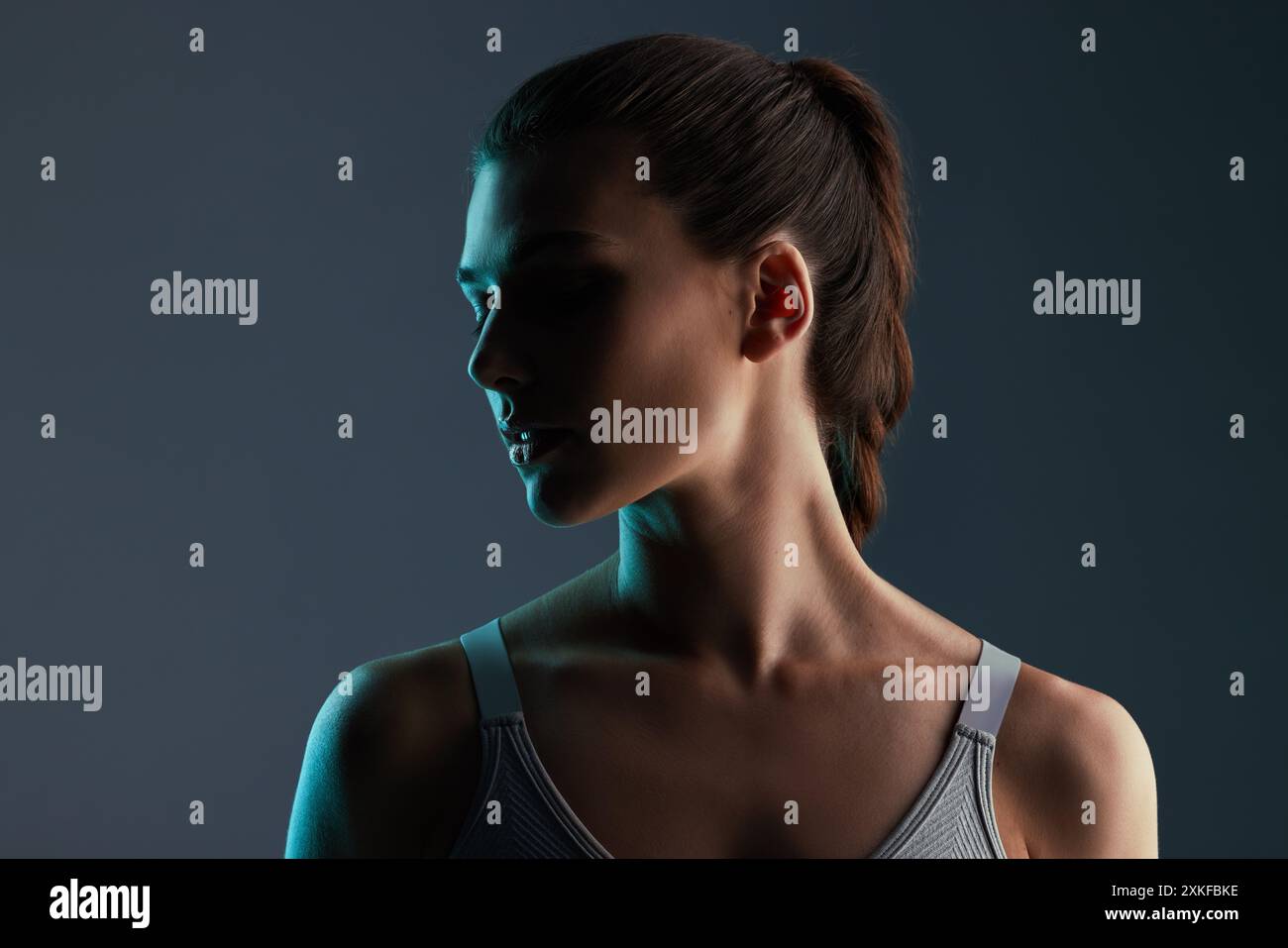 Shadow, woman and face in studio for beauty mystery competition with ...