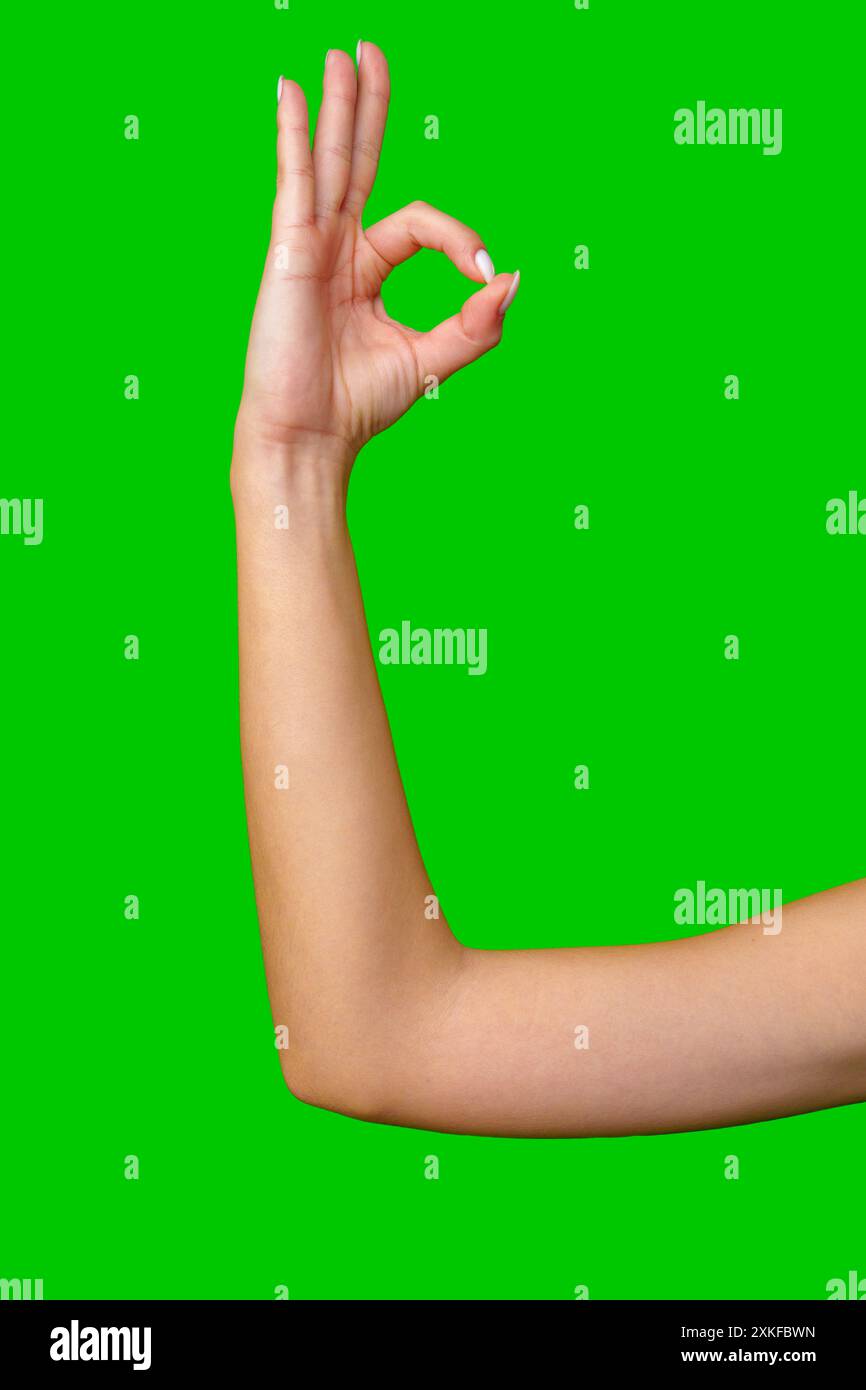 Closeup of a Female Hand Making the Okay Sign Against a Green Screen ...