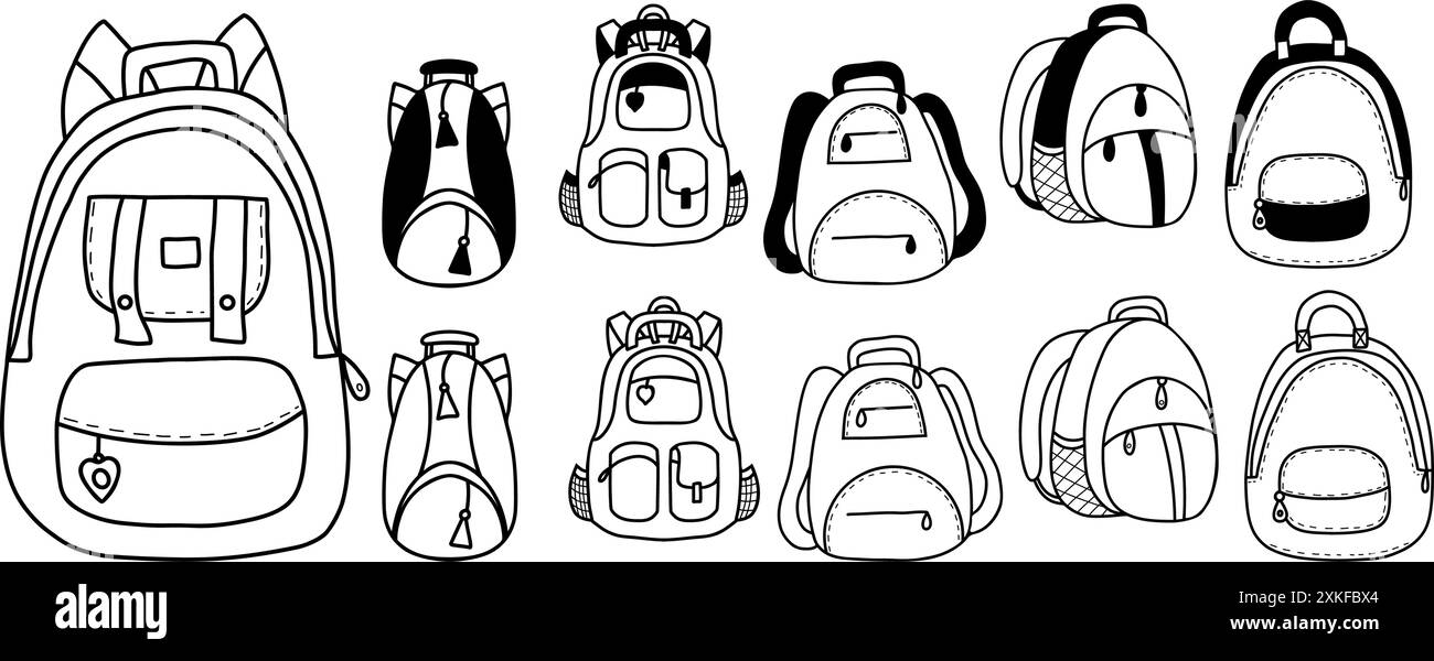 School backpacks and satchels doodle collection. Vector illustration ...