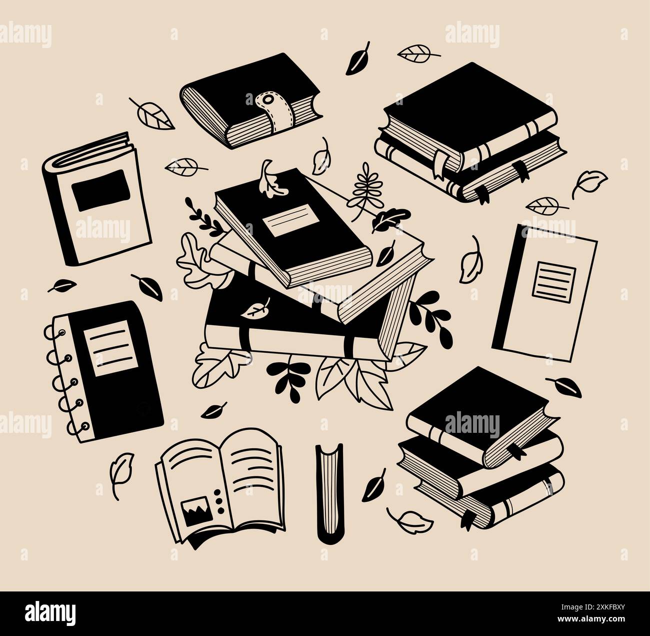 Autumn books doodles. Notebooks, magazines, closed and open, stacks ...