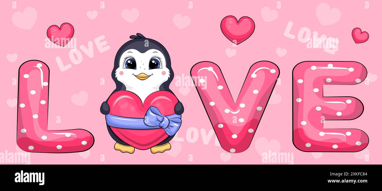 Word Love and cute cartoon penguin with pink heart. Vector illustration ...