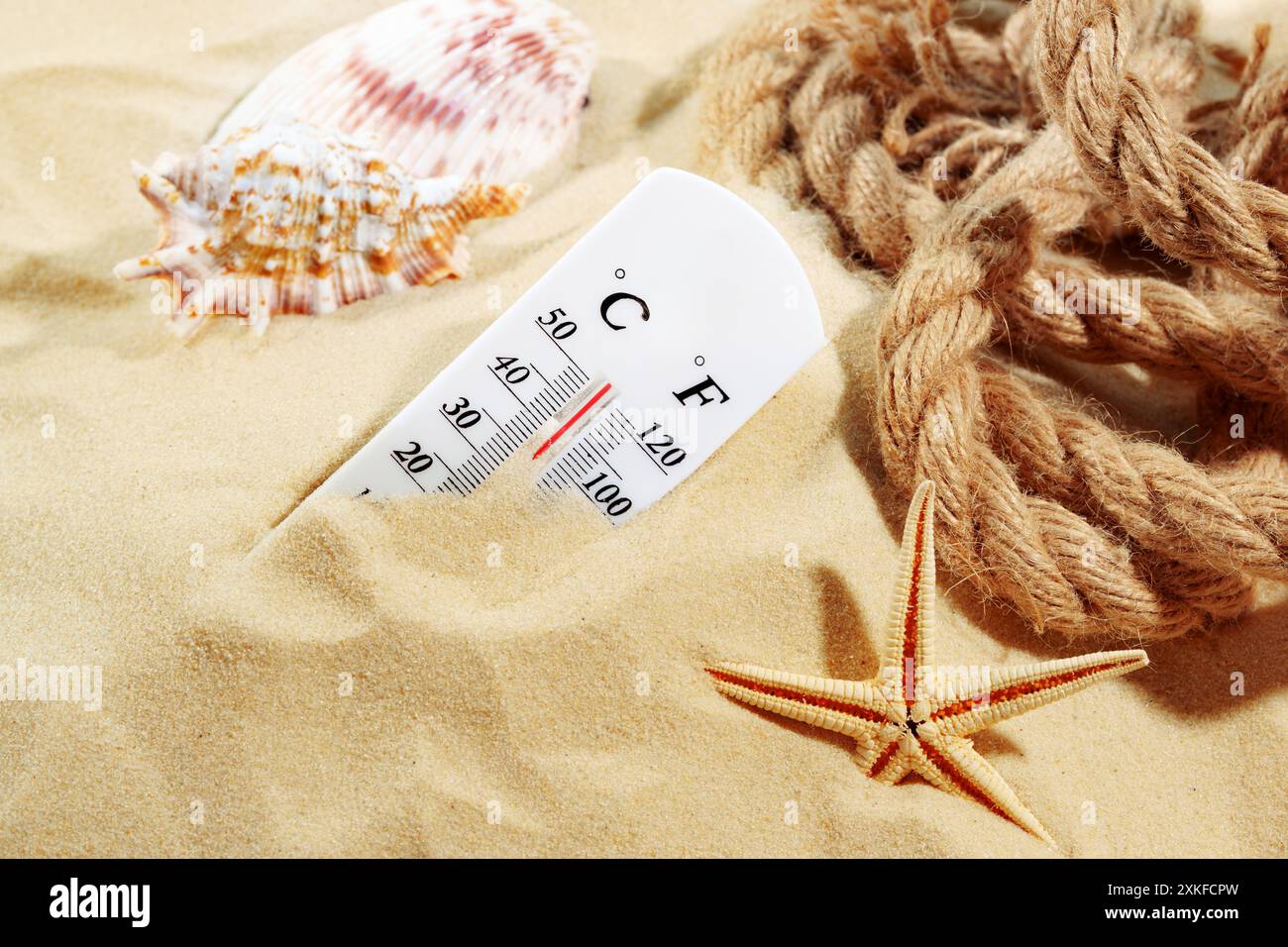 Thermometer In Sand With Rope Showing Hot Summer Day Temperature Stock ...
