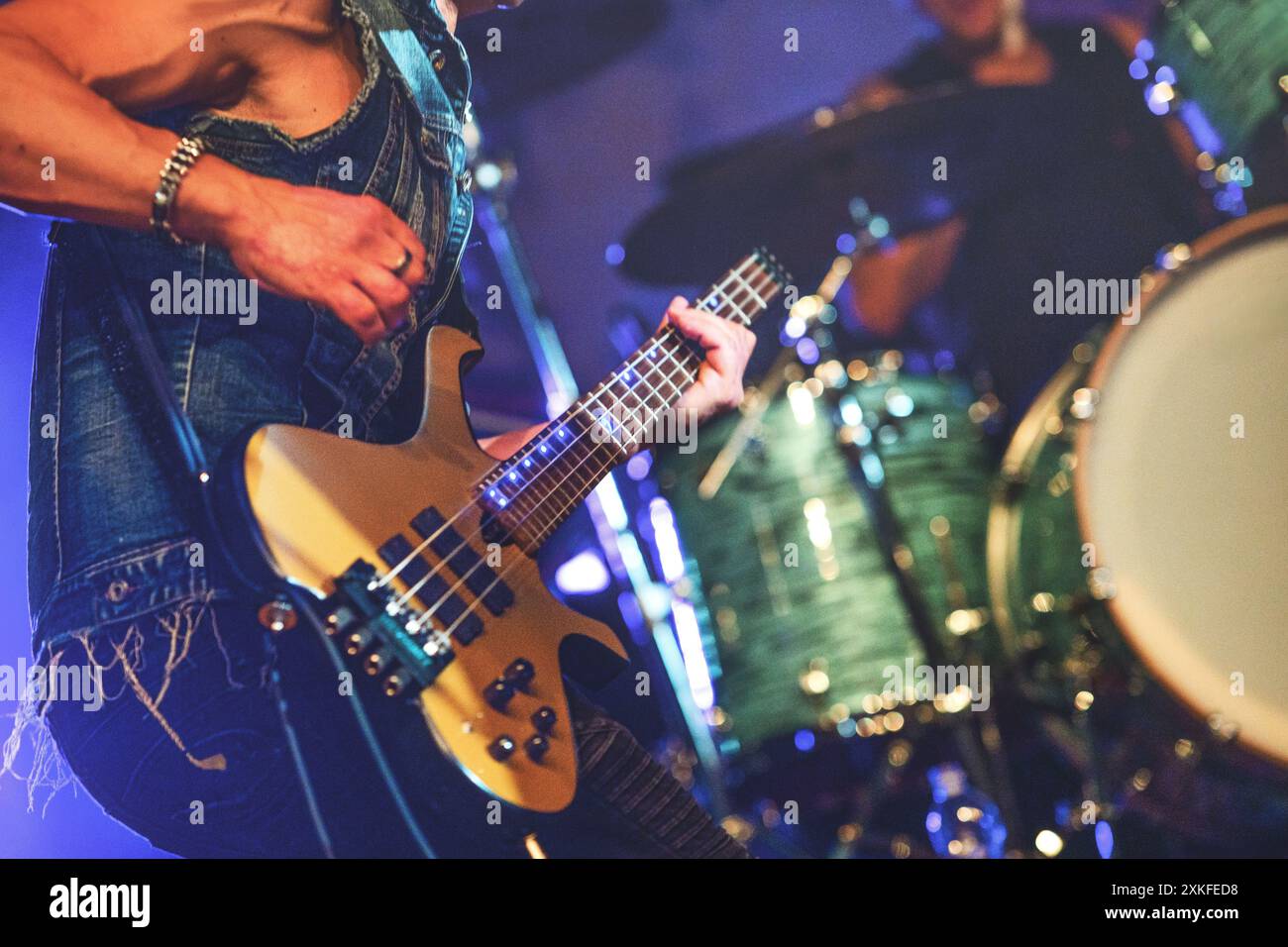 Five string electric bass in a live band Stock Photo - Alamy