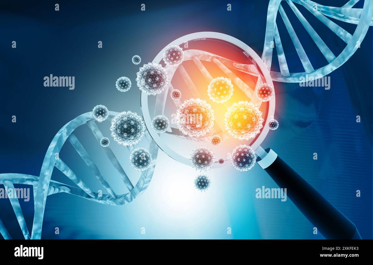 DNA and virus cells with magnifying glass. 3d illustration Stock Photo ...