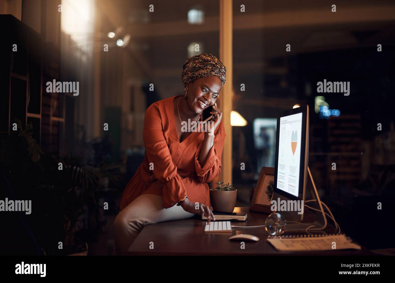 Night, phone call and black woman by computer screen in office for ...