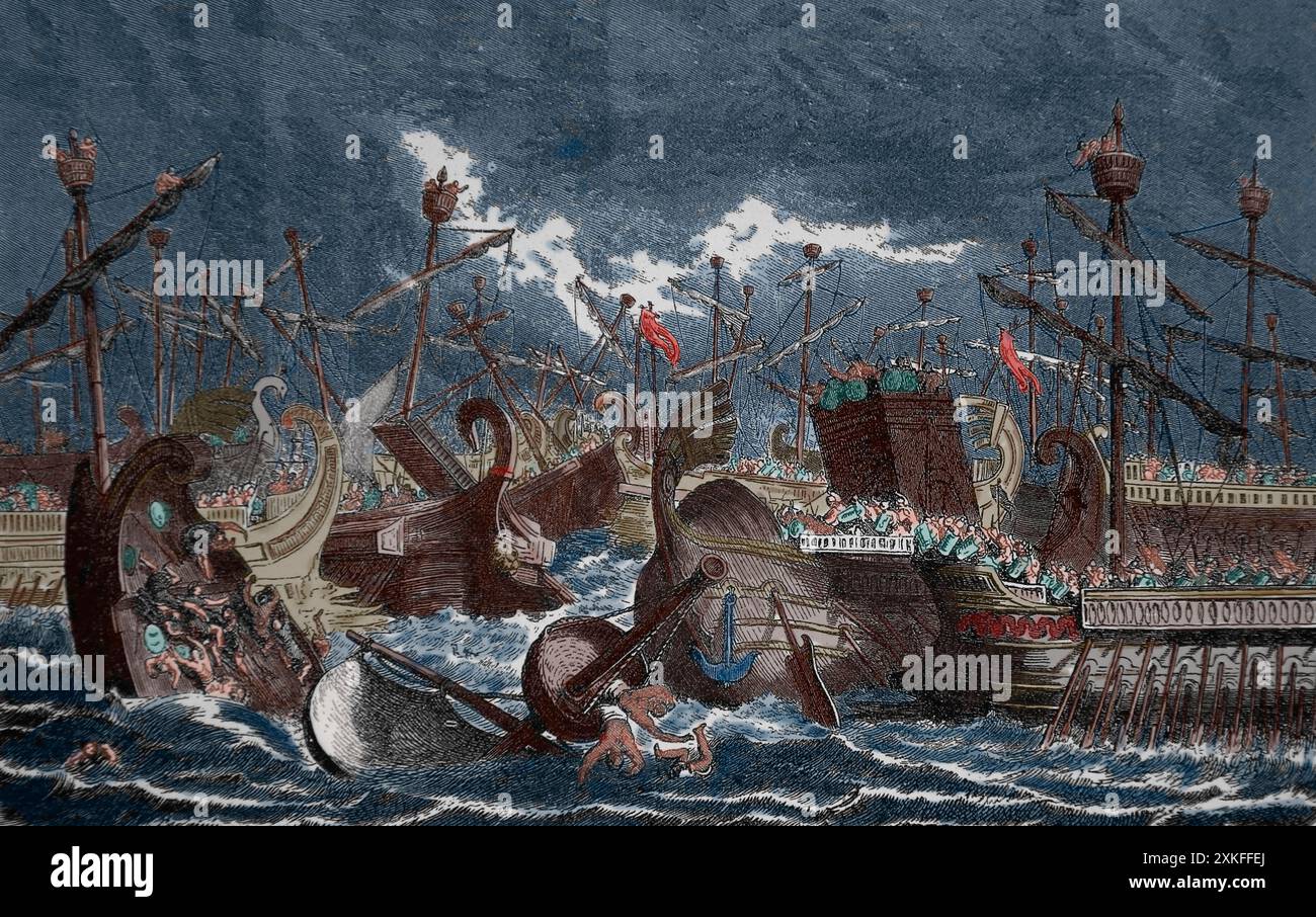 Punic Wars. Naval battle with roman and punic navy. Engraving, 19th ...