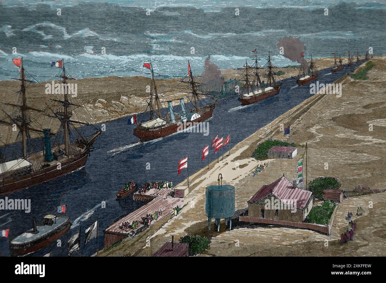 Egypt. Suez Canal. 19th century. Engraving. Procession of ships at the ...