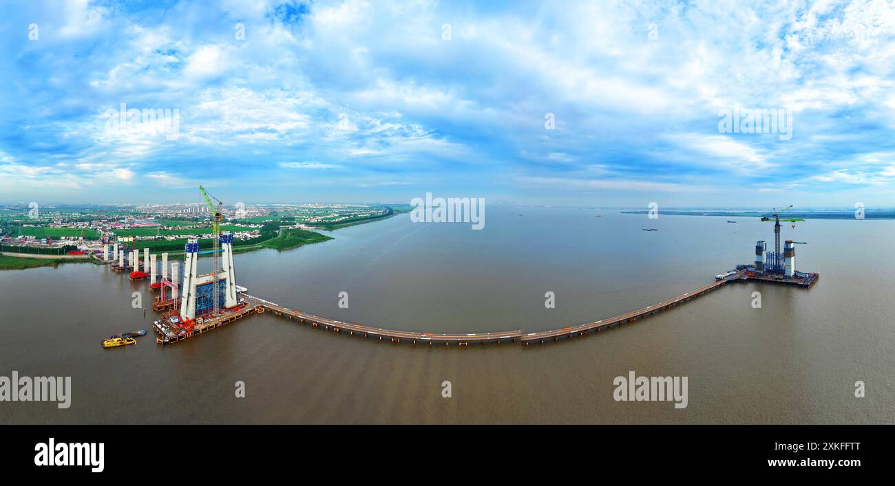 Aerial photo shows the construction site of Zhangjinggao Yangtze River ...