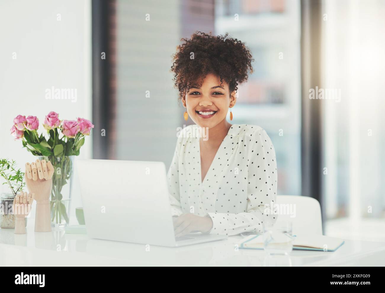 Office, portrait and businesswoman with laptop for working, career and ...