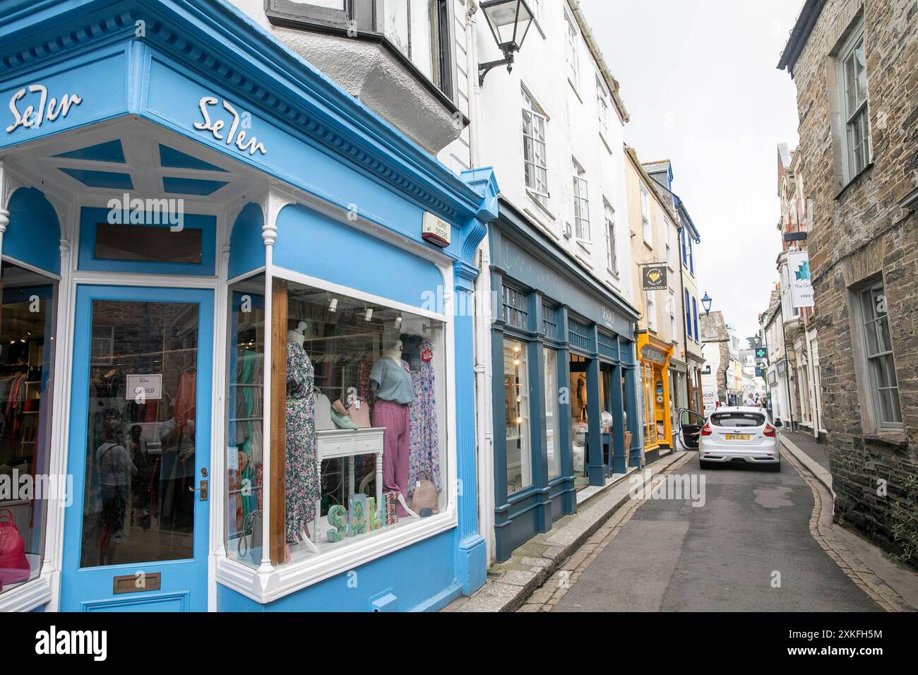 Fowey, port town in south Cornwall, with narrow shopping streets and ...