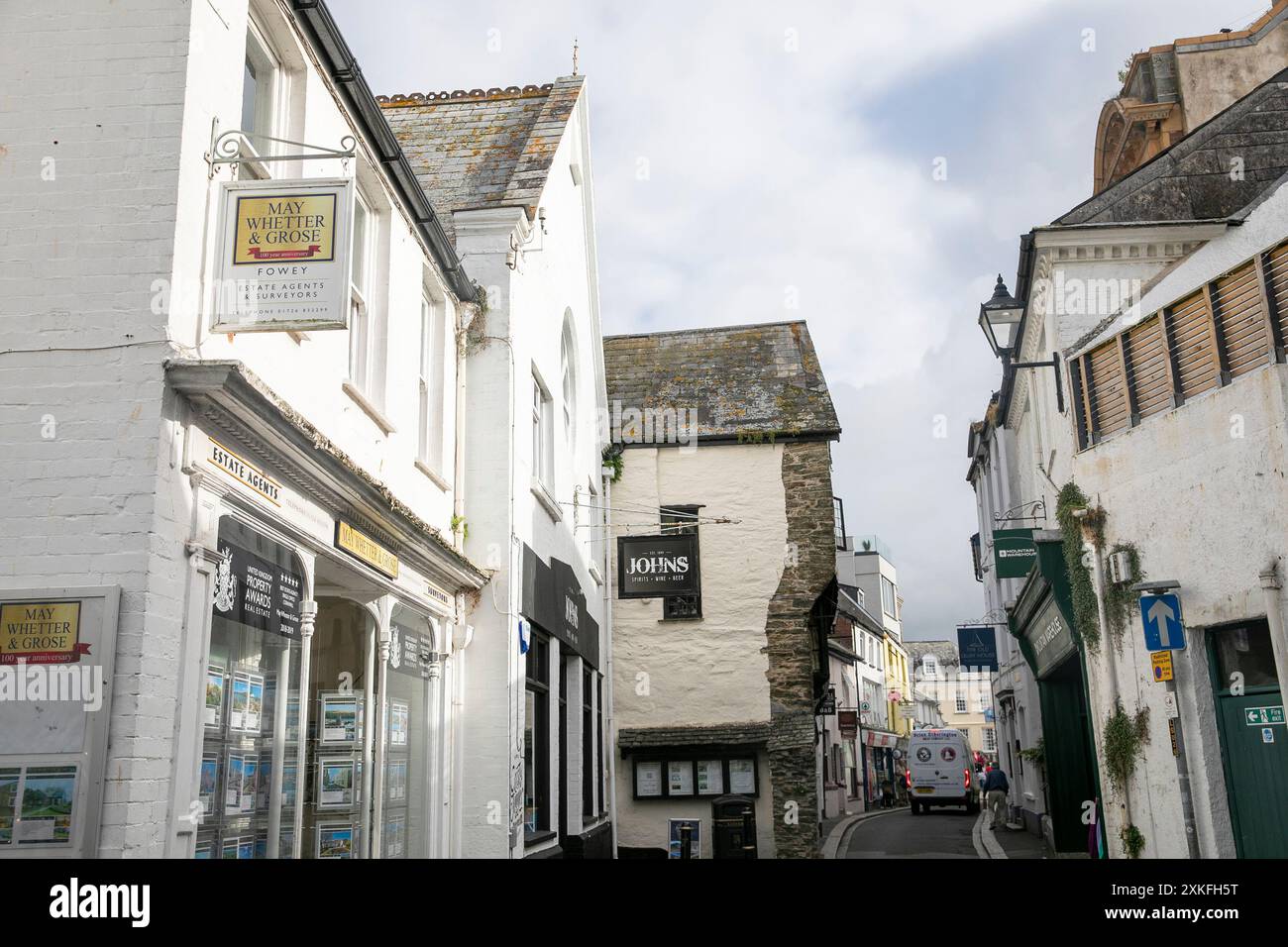 Fowey, port town in south Cornwall, with narrow shopping streets and ...