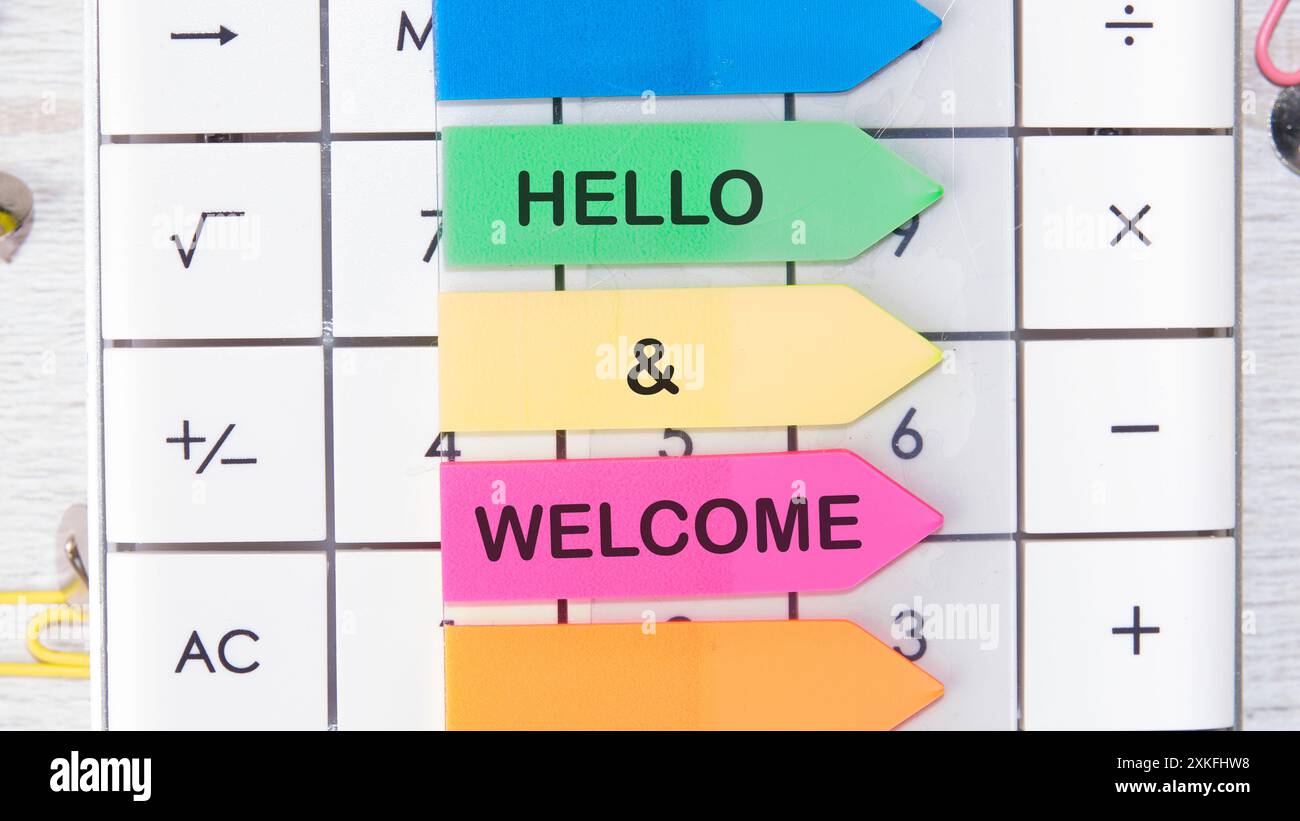 Hello and welcome symbol. Concept words Hello and welcome on stickers ...