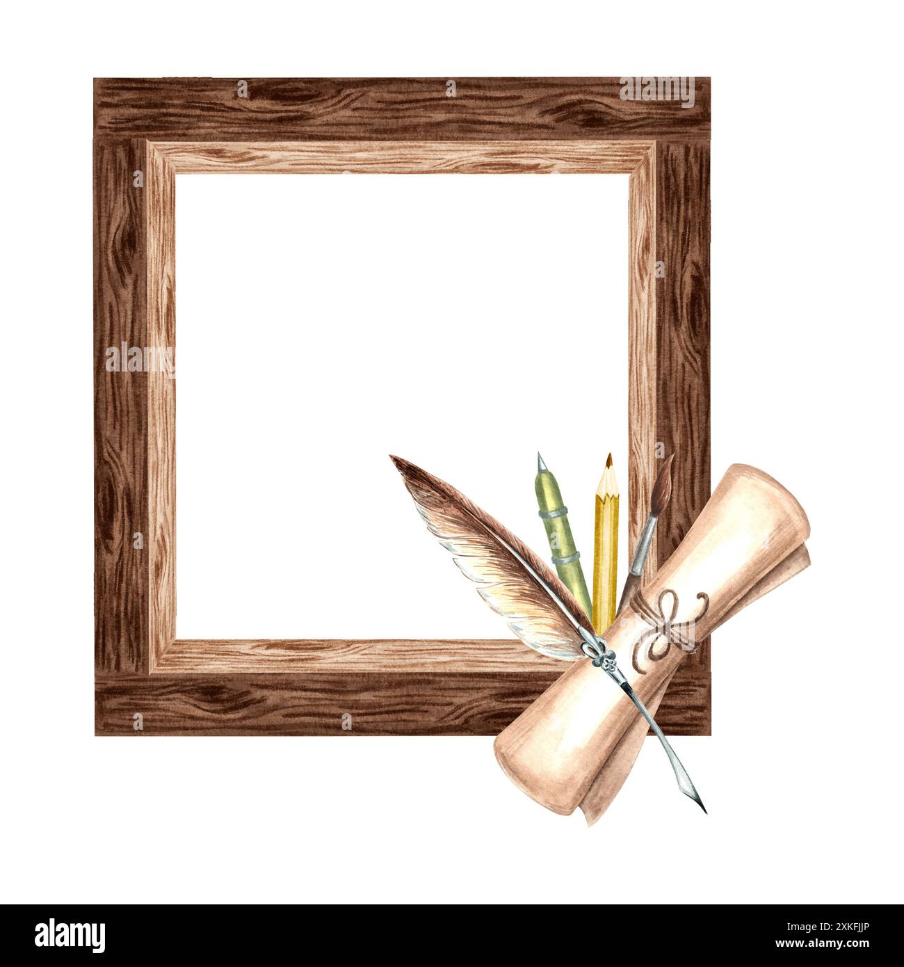 Writing supplies on wooden square frame. Scroll of paper, Feather pen ...