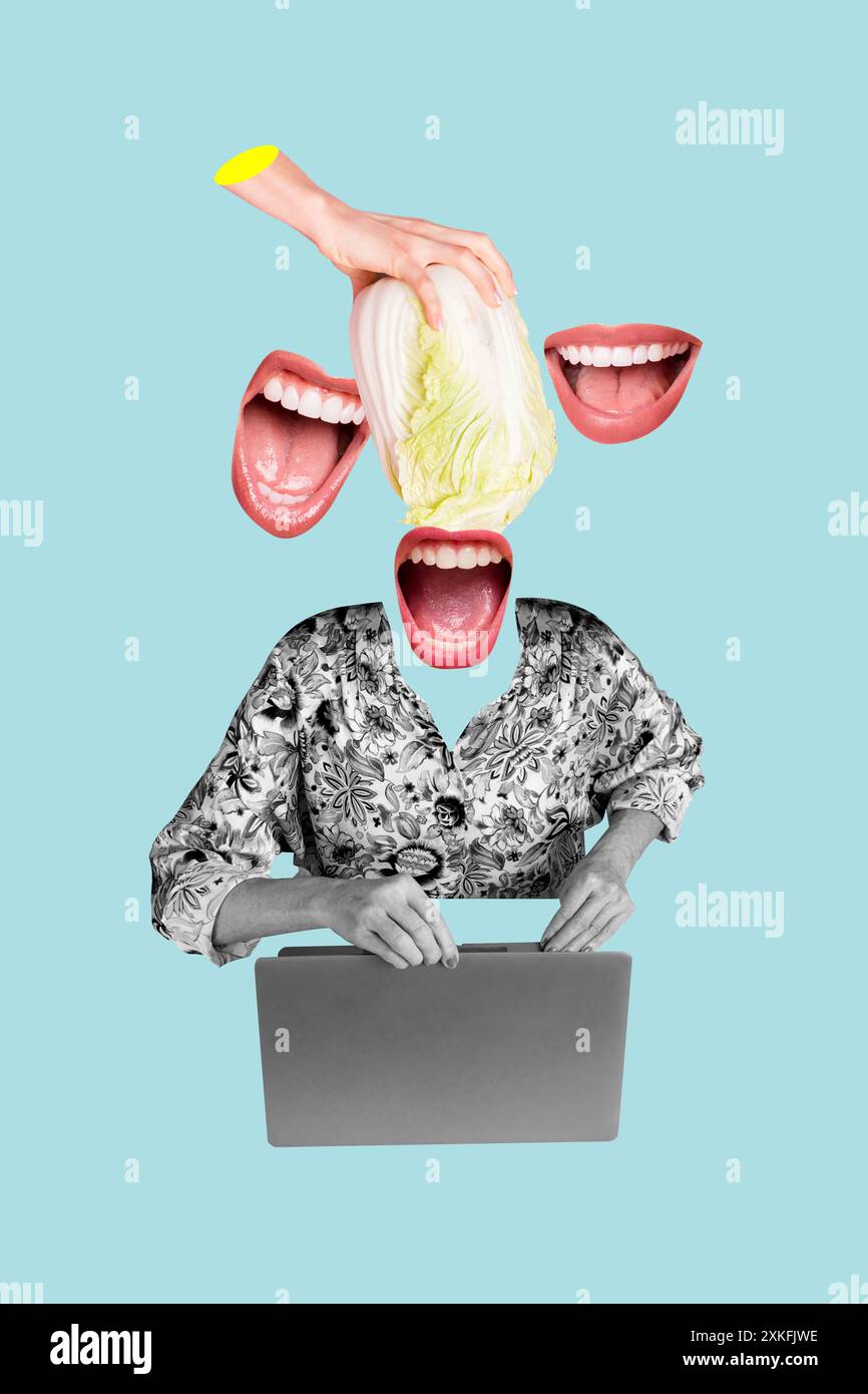 Creative poster collage of screaming mouth cabbage office worker ...