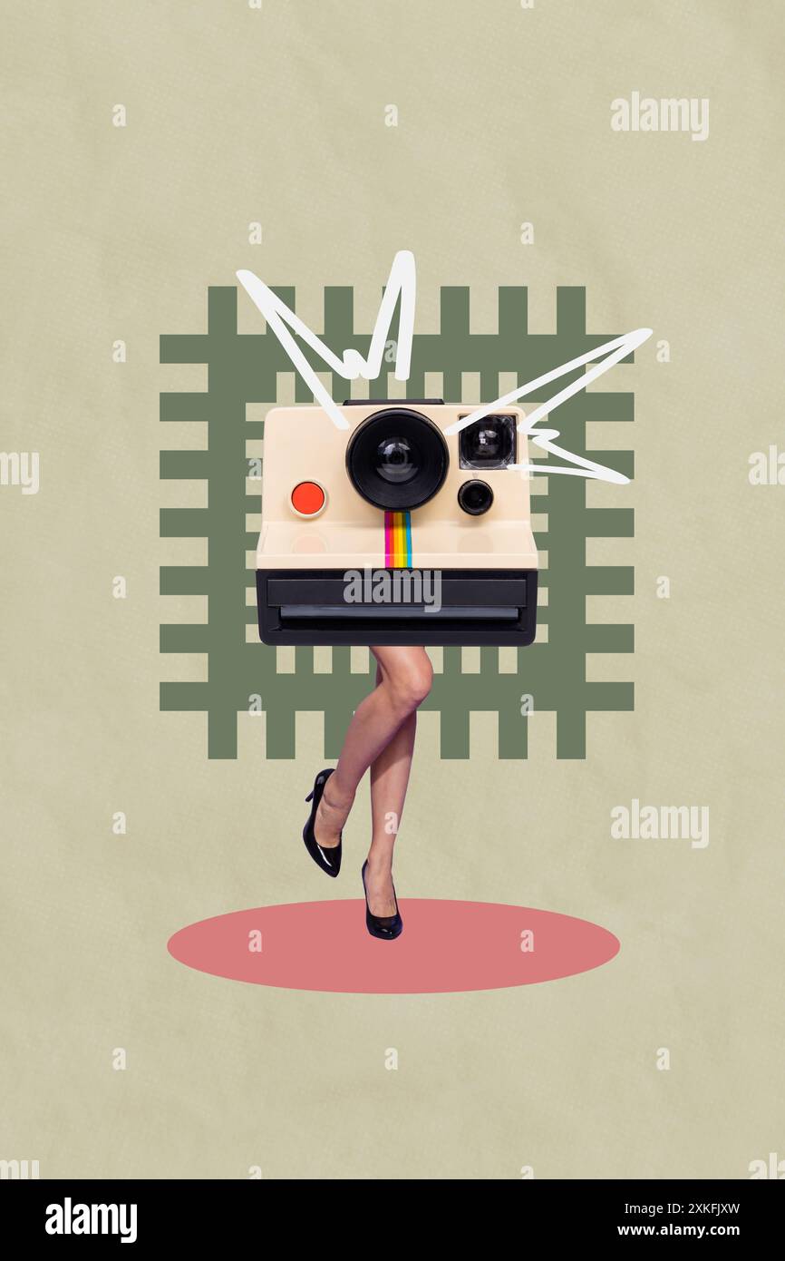 Creative retro 3d magazine collage image of photo camera walking slim ...