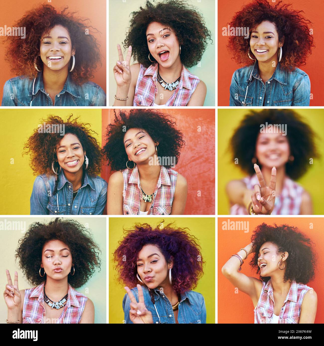 Happy, black woman and collage for fashion in studio background with ...