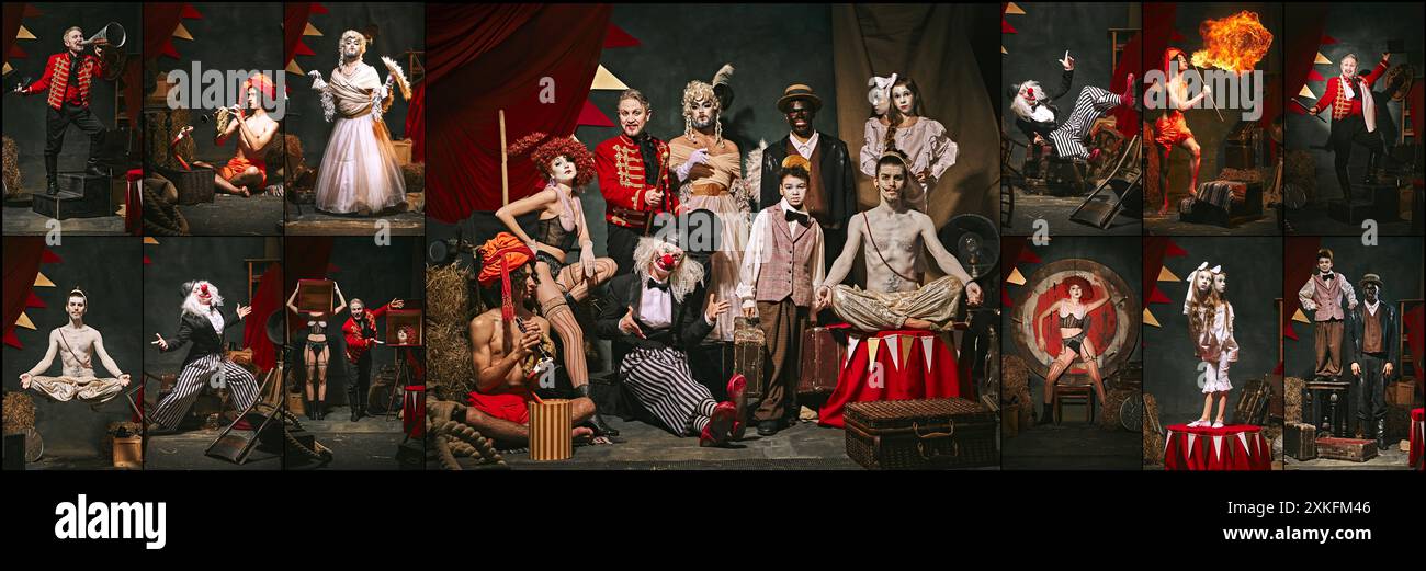Vibrant circus collage with various talented performers in stage ...