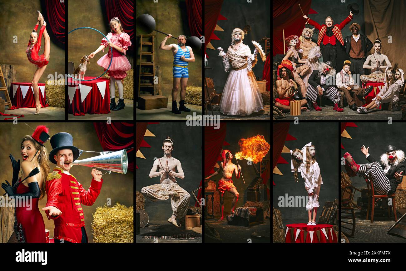 Creative circus collage showing diverse acts, acrobatics, strongman ...