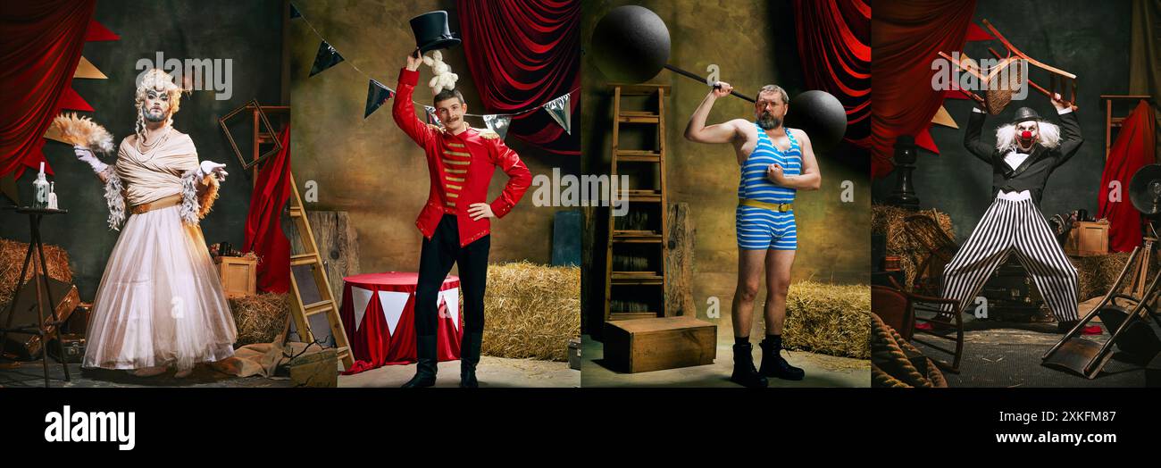 Lively circus collage capturing various characters, bearded lady in ...