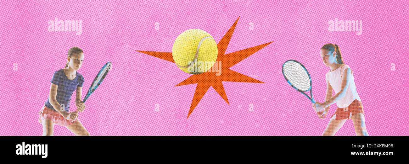 Banner. Contemporary art collage. Dynamic moment of two female players ...