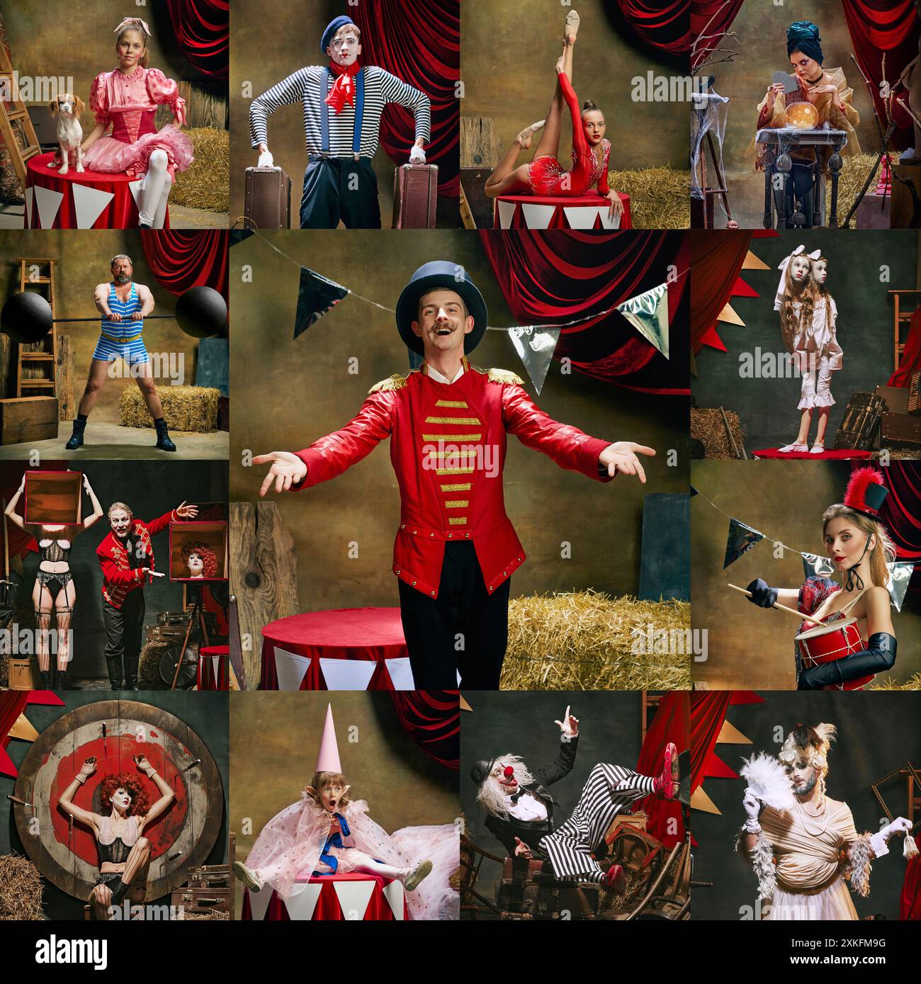 Vibrant circus collage features diverse acts, magician, clowns ...