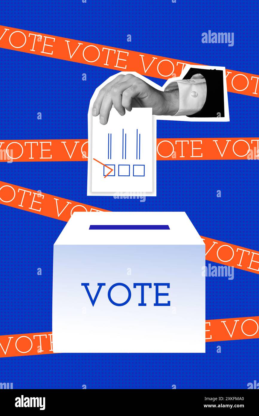 Vertical photo collage of hand put ballot box slot confirmation check ...