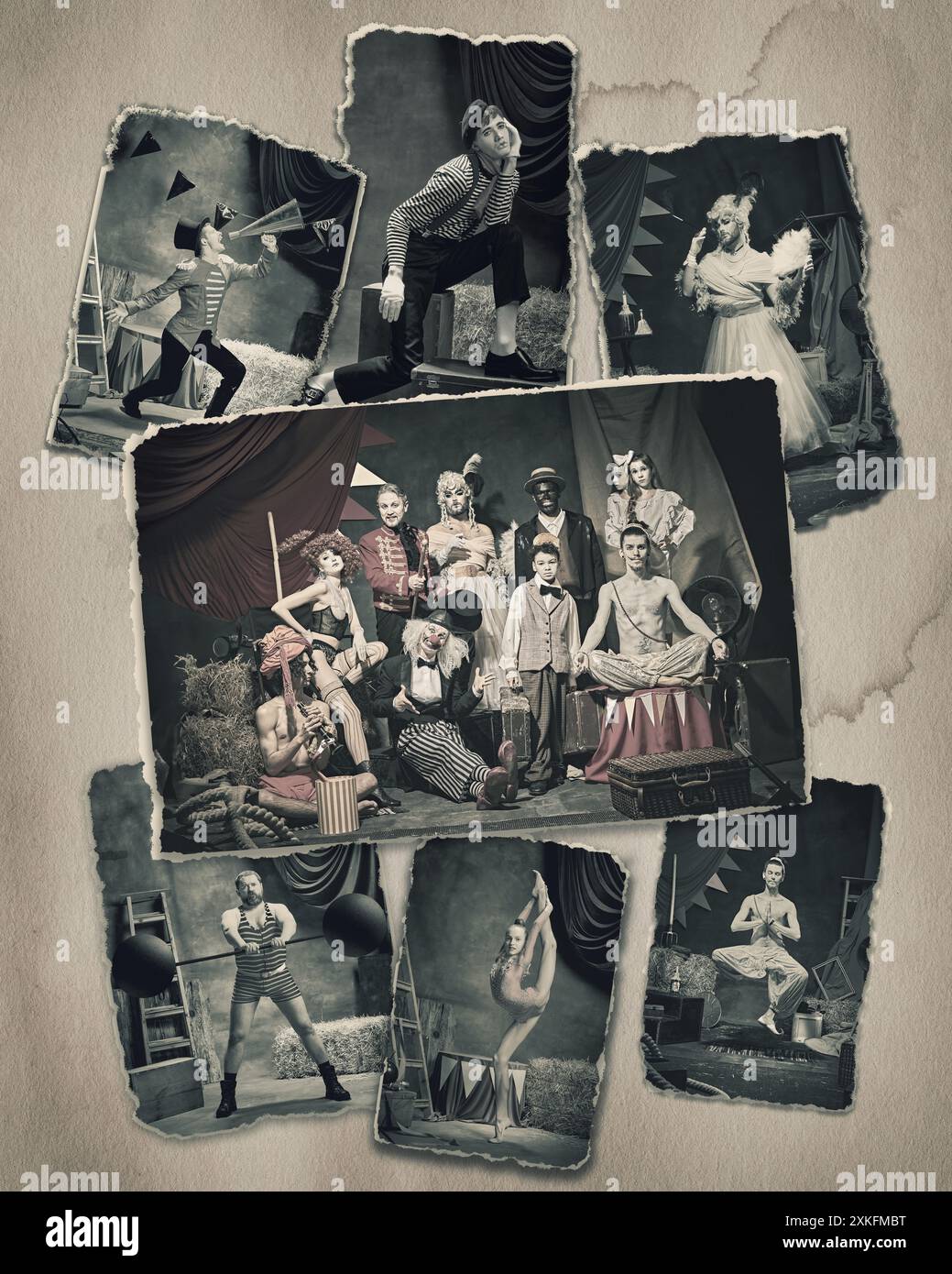 Vintage-style collage of circus performers, featuring sepia-toned ...