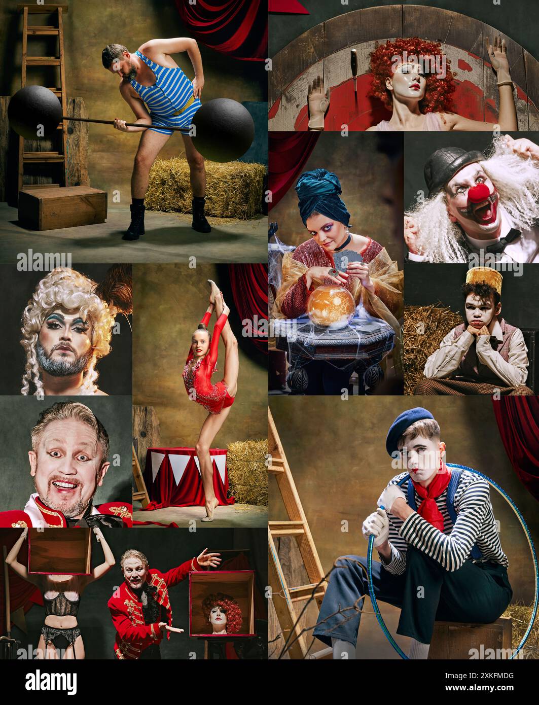 Vibrant circus collage showcases strongman, acrobat, fortune teller ...