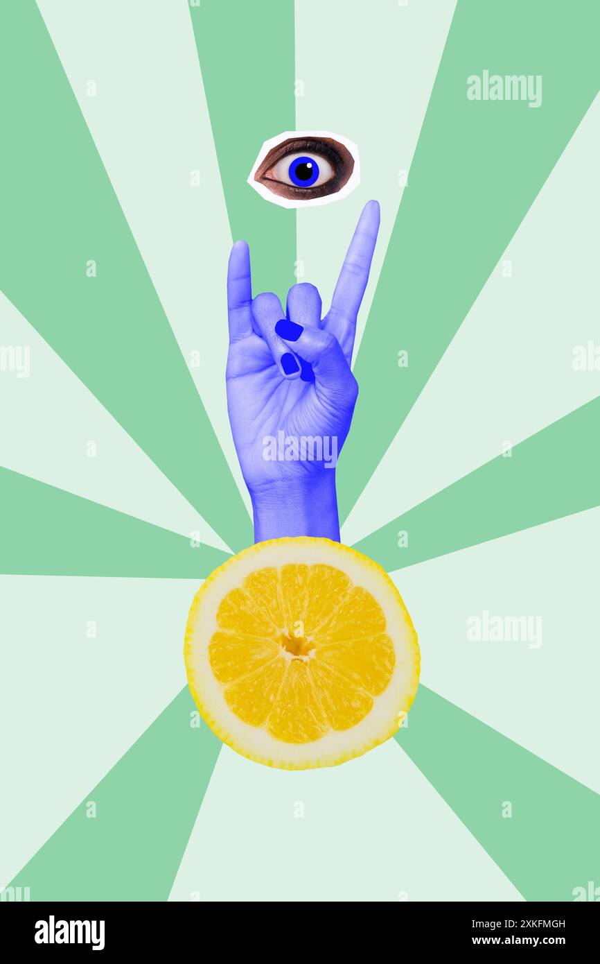 Vertical photo collage of hand show rock horns gesture eyeball spy ...